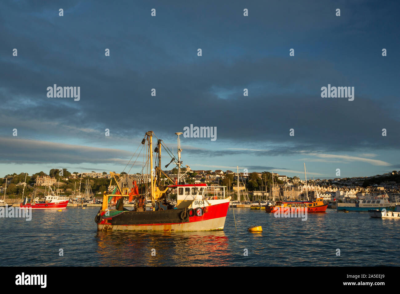 Fishing boats and other vessels moored in the outer harbour at Brixham ...