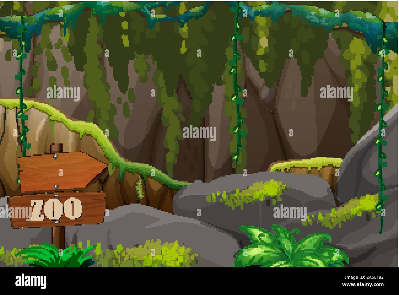 Background scene of zoo with rocks and vines illustration Stock Vector ...