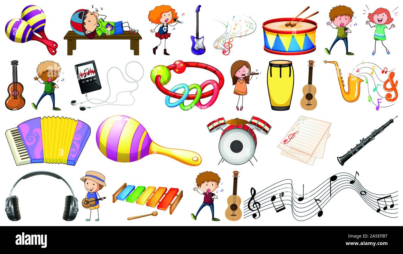 Set of different musical instruments and people illustration Stock ...