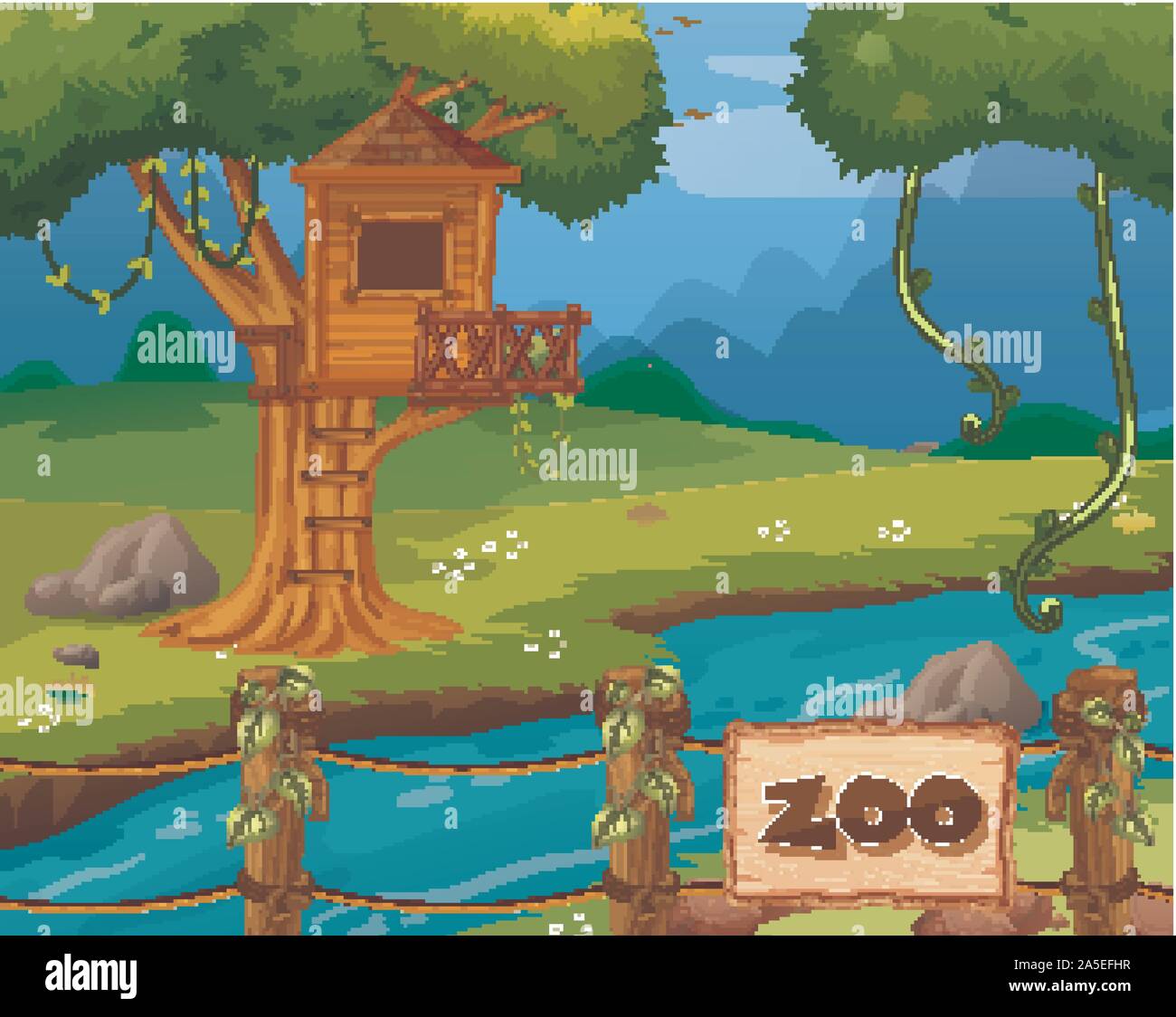 Background scene of zoo park with river and treehouse illustration ...