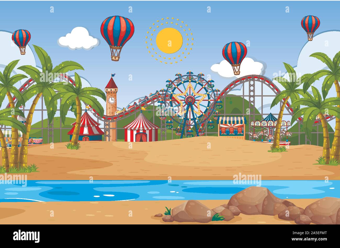 Scene background design with circus on the beach illustration Stock ...