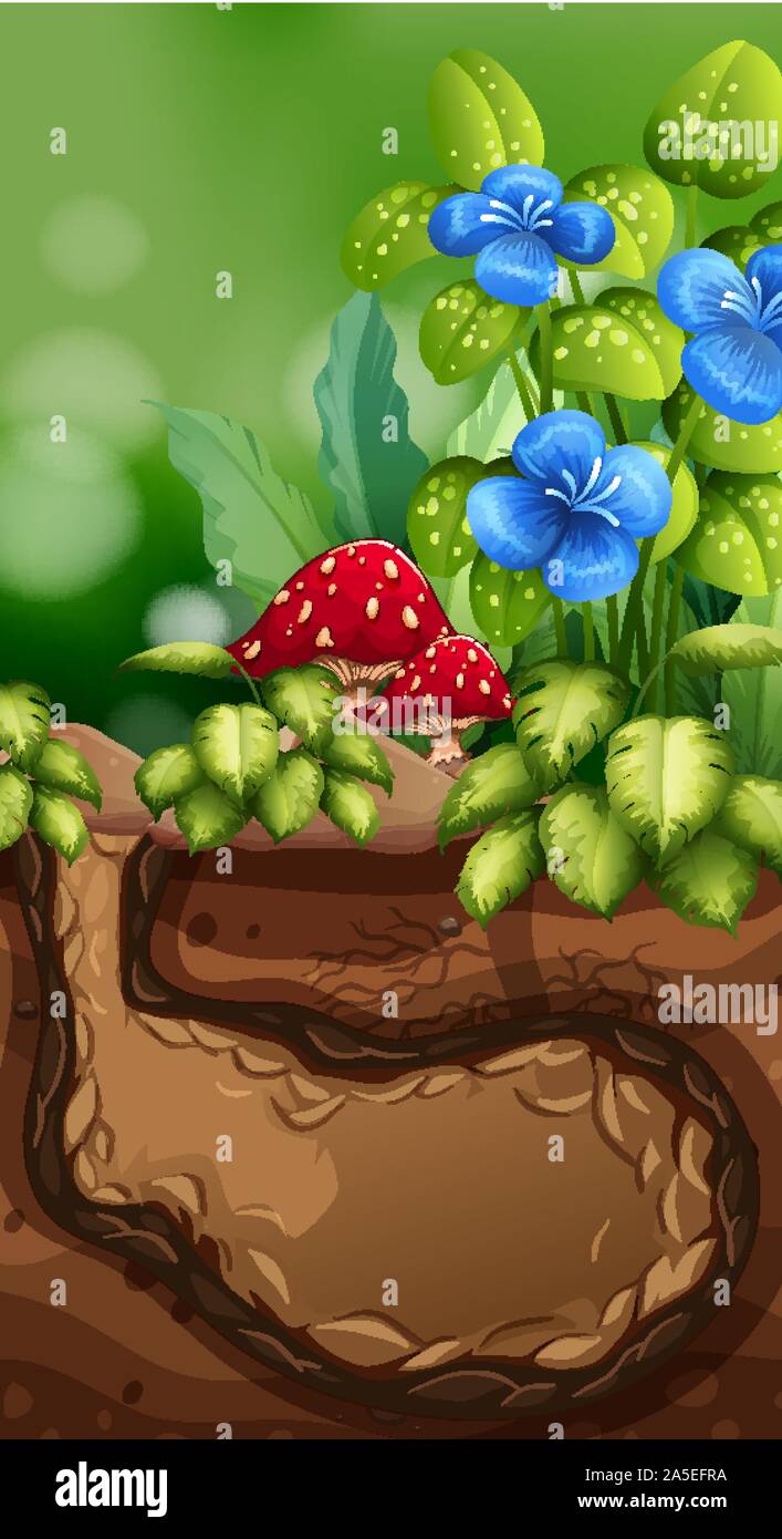 Nature scene with underground hole and flowers illustration Stock ...