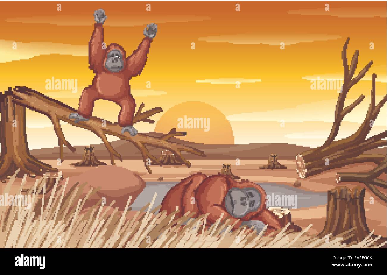 Deforestation scene with two chimpanzee dying illustration Stock Vector ...