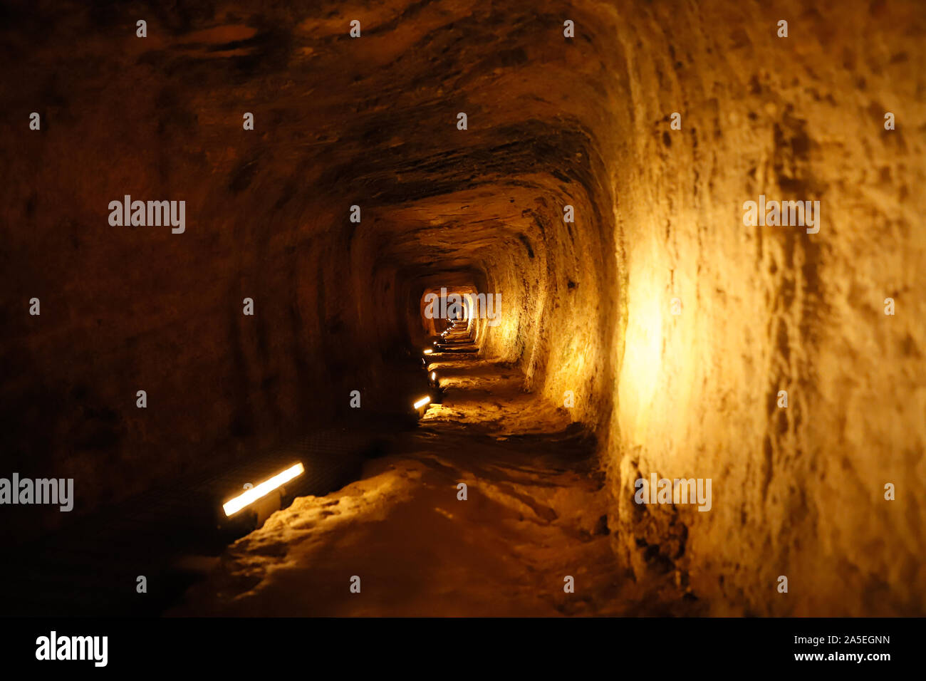 Tunnel of Eupalinos in the hills above the town of Pythagorio on the ...