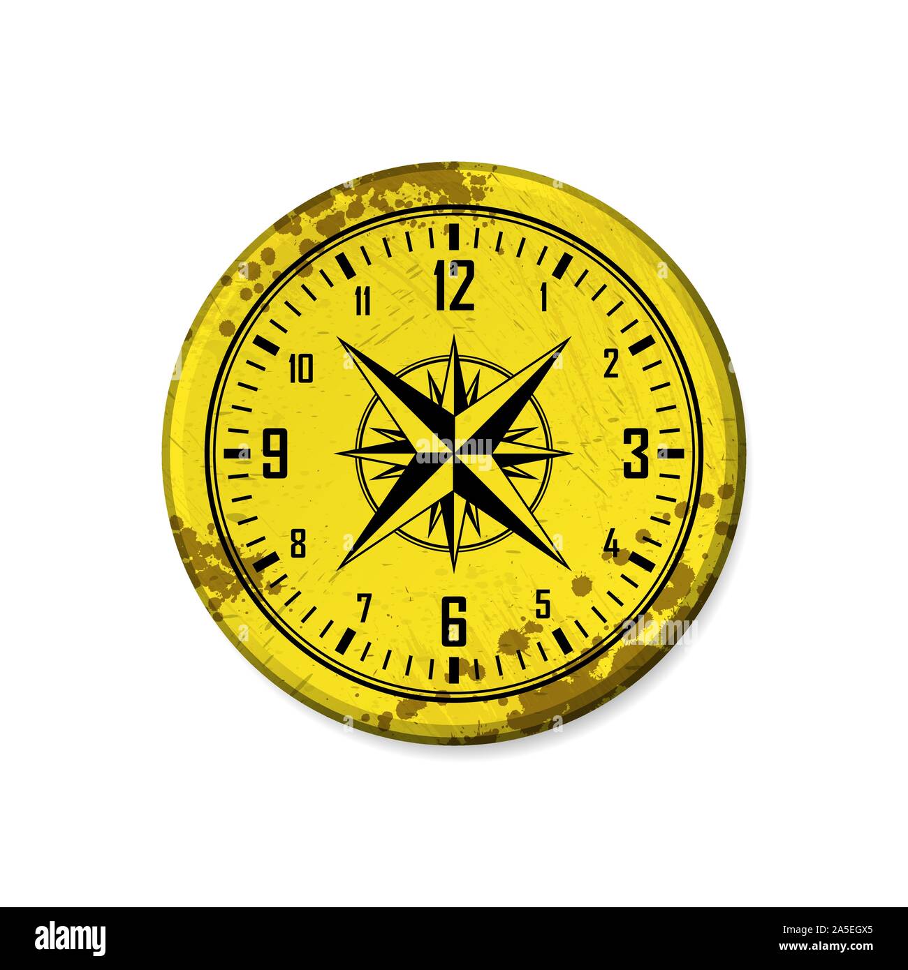 Grunge yellow circle board frame with clock isolated on white ...