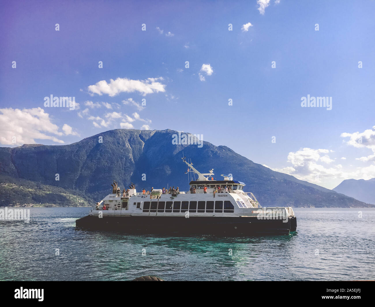 July 27, 2019 Norway. Utne. Ferry boat transportation Norway. White ...