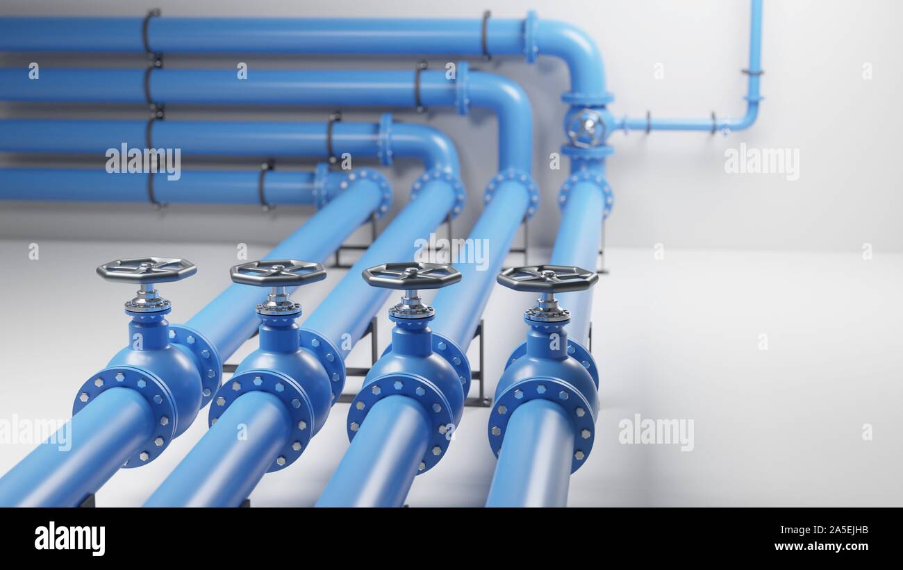 Blue industrial pipelines with valves on white background. Digital ...