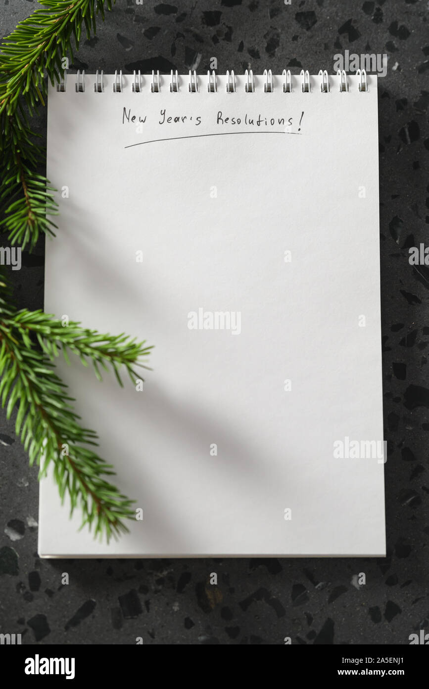 notepad with new years resolutions phrase with spruce twig, holiday ...