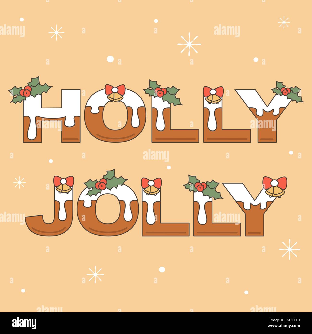 holly jolly text with christmas letter decorated with snow, bells and ...