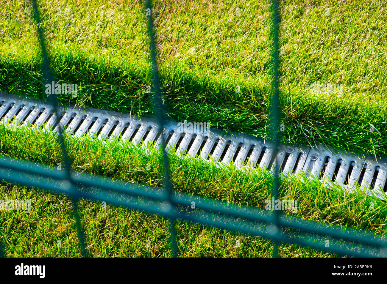 Drainage system on the football field with a bright green lawn Stock ...