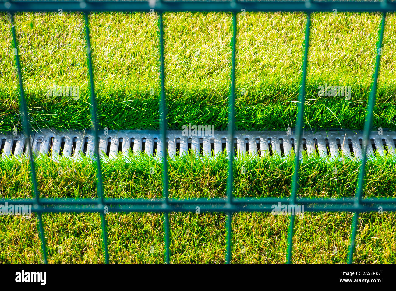 Drainage system on the football field with a bright green lawn Stock ...