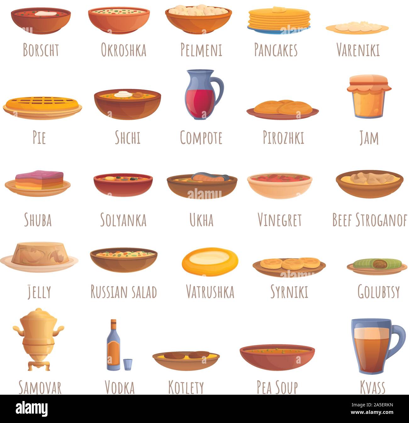 Russian cuisine icons set. Cartoon set of russian cuisine vector icons for web design Stock ...