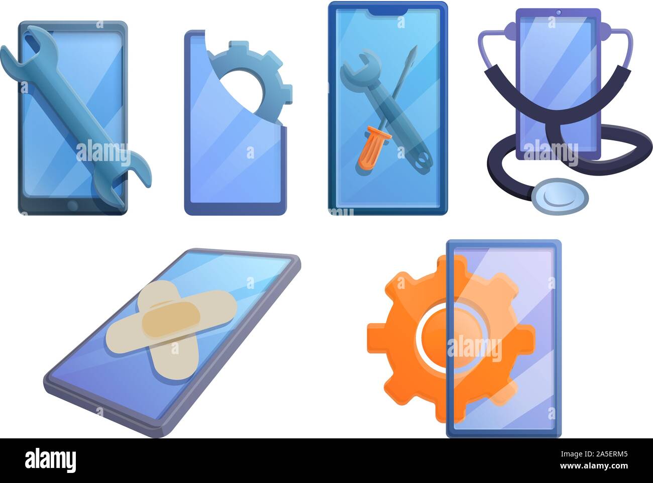 Mobile phone repair icons set. Cartoon set of mobile phone repair ...