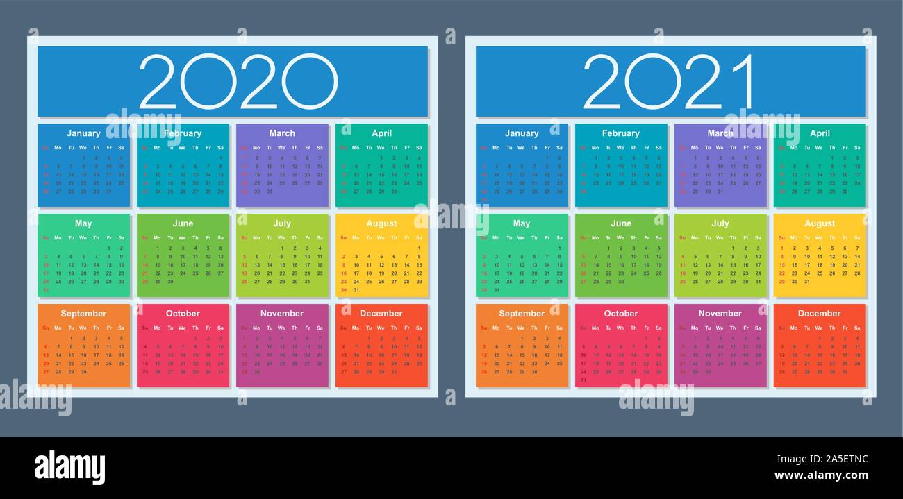 Colorful calendar for 2020 and 2021 years. Week starts on Sunday ...