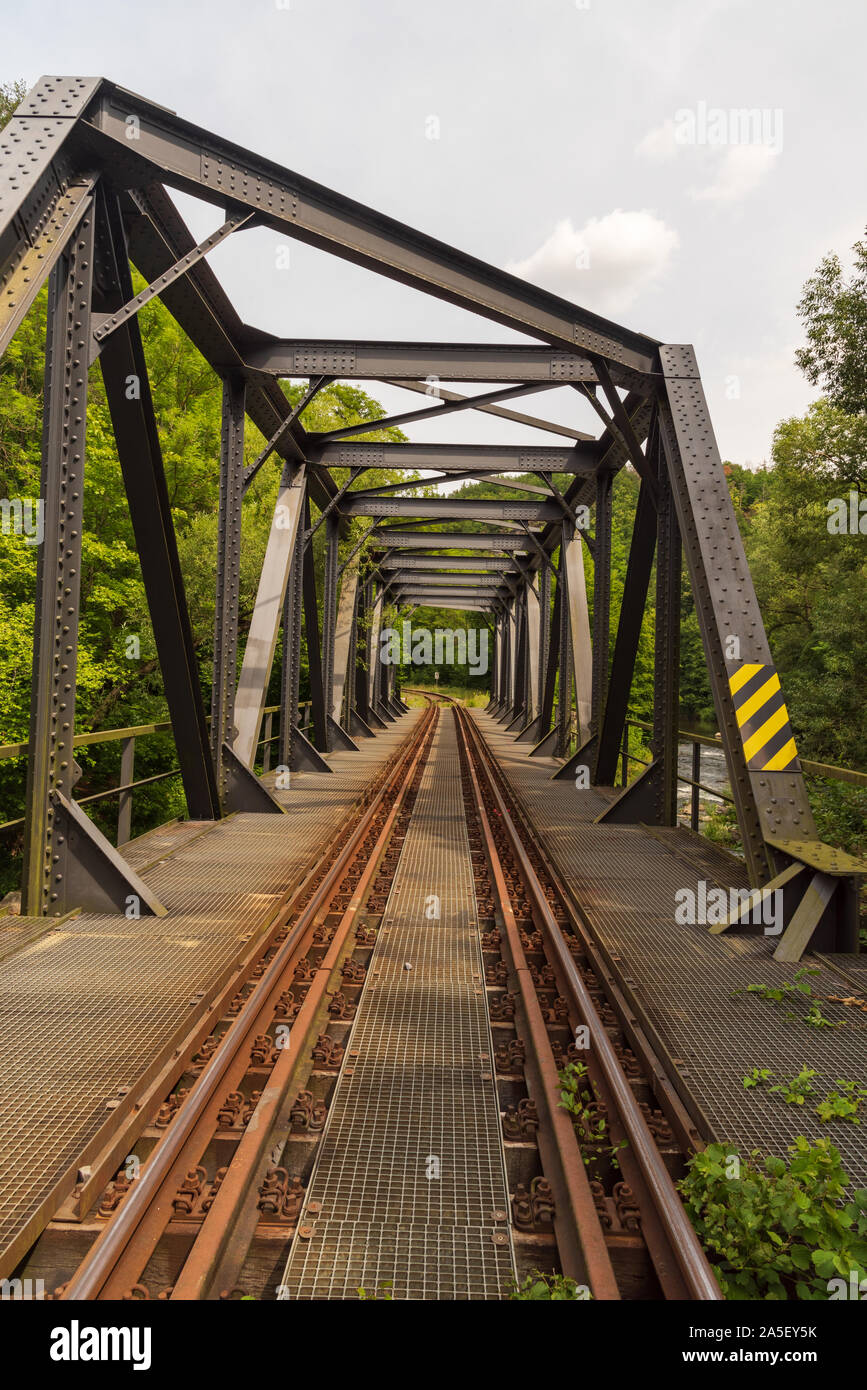 railway track with bridge above Weisse Elster river near Plauen city in ...