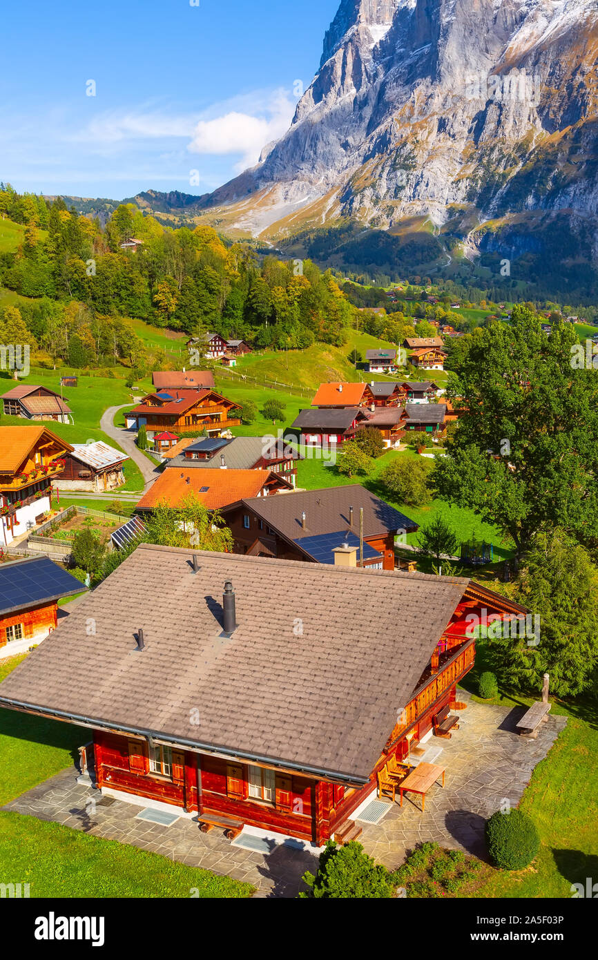 Grindelwald, Switzerland aerial village view and autumn Swiss Alps ...