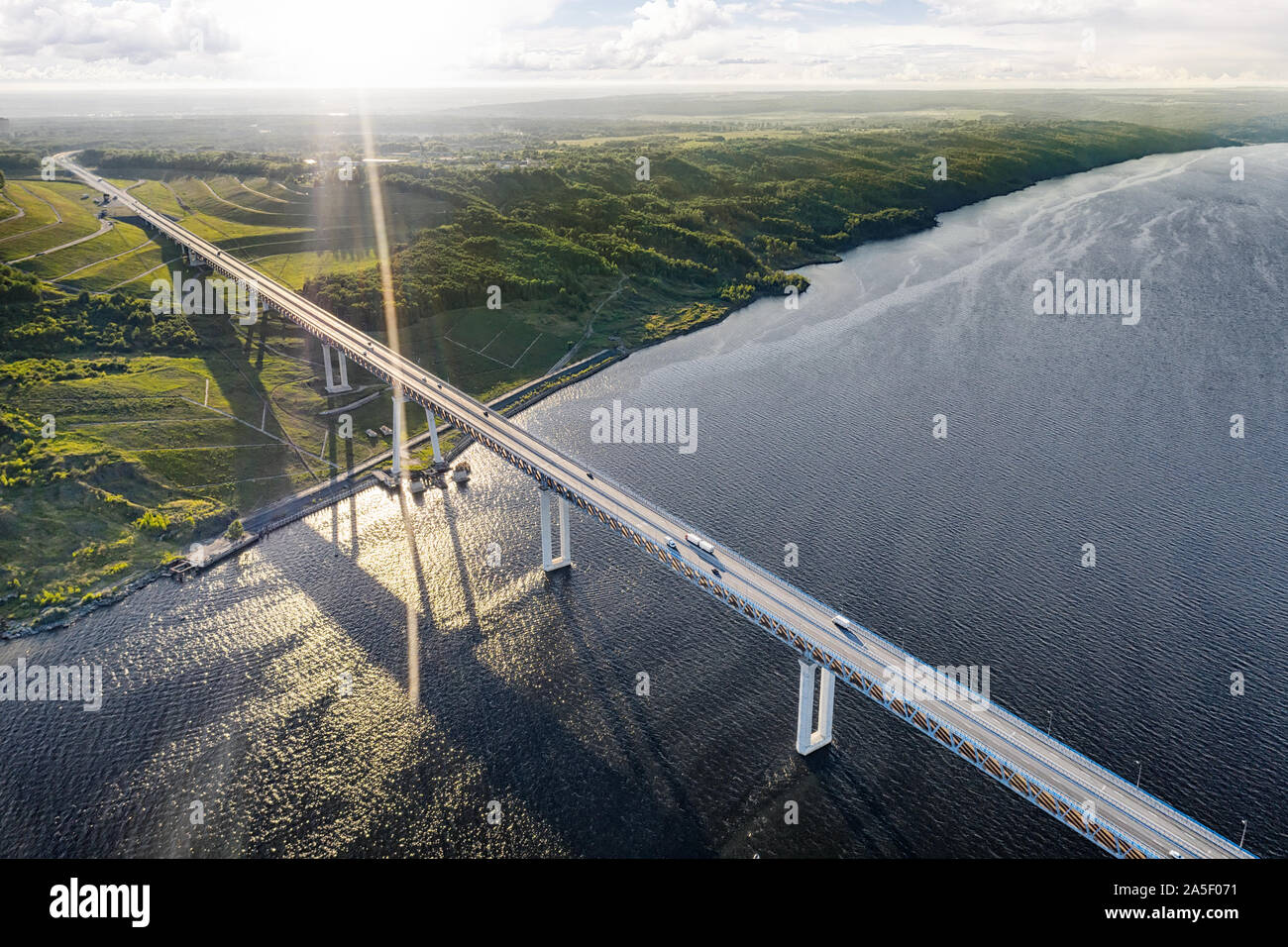 Very long "President" bridge over Volga river in Ulyanovsk, Russia ...