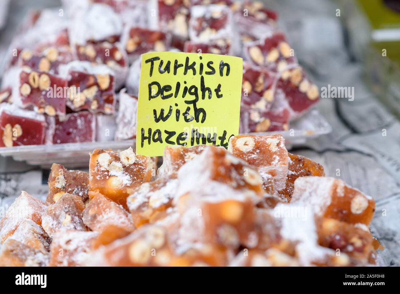 Turkish delight with hazelnut. Arabic sweets in the market Stock Photo ...