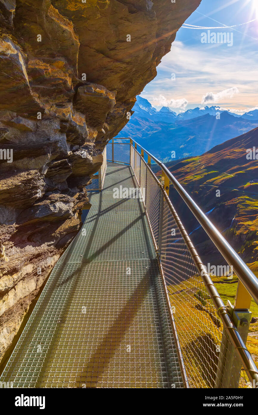 Grindelwald, Switzerland landmark sky cliff walk metal bridge at First ...