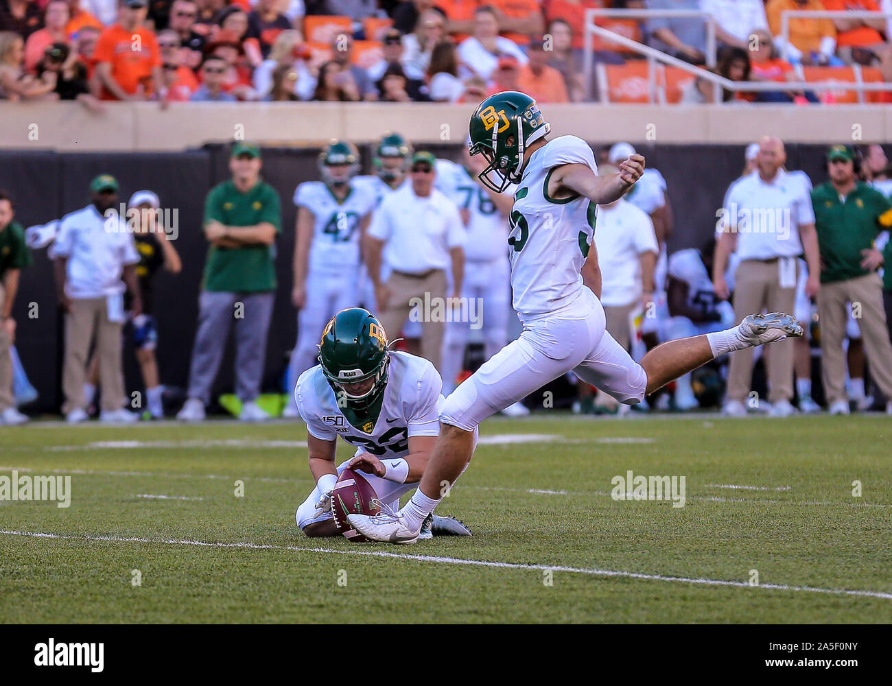 October 19, 2019: Baylor University kicker John Mayers (95) attempts a ...