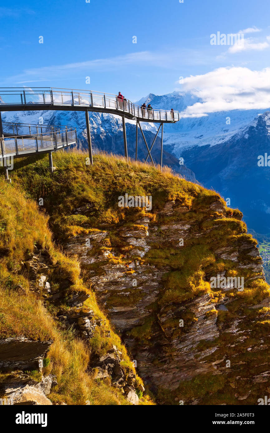 Grindelwald, Switzerland sky cliff walk metal bridge at First peak of ...
