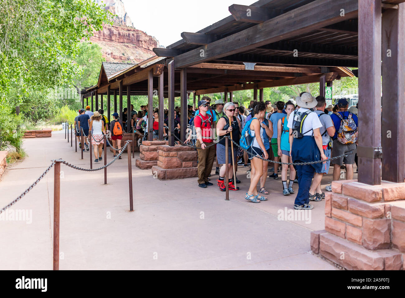 Springdale, USA - August 6, 2019: Zion National Park in morning at ...