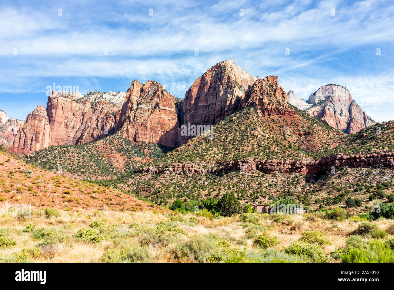 View of Zion National Park cliffs desert landscape during summer day ...