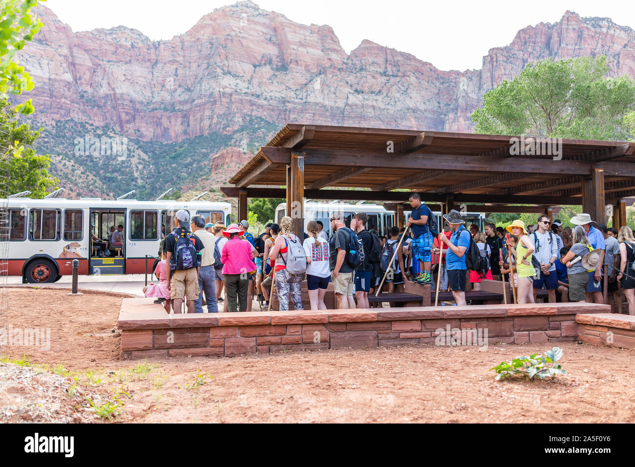 Springdale, USA - August 6, 2019: Zion National Park at transportation ...