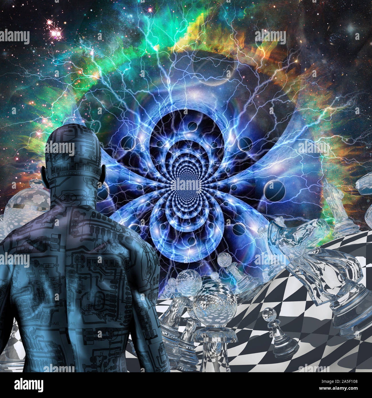 Cyborg in surreal space. Chess pieces Stock Photo - Alamy