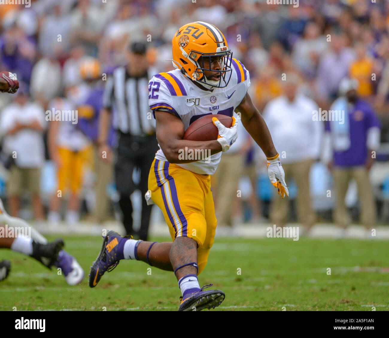October 19, 2019: LSU running back, Clyde Edwards-Helaire (22), runs ...