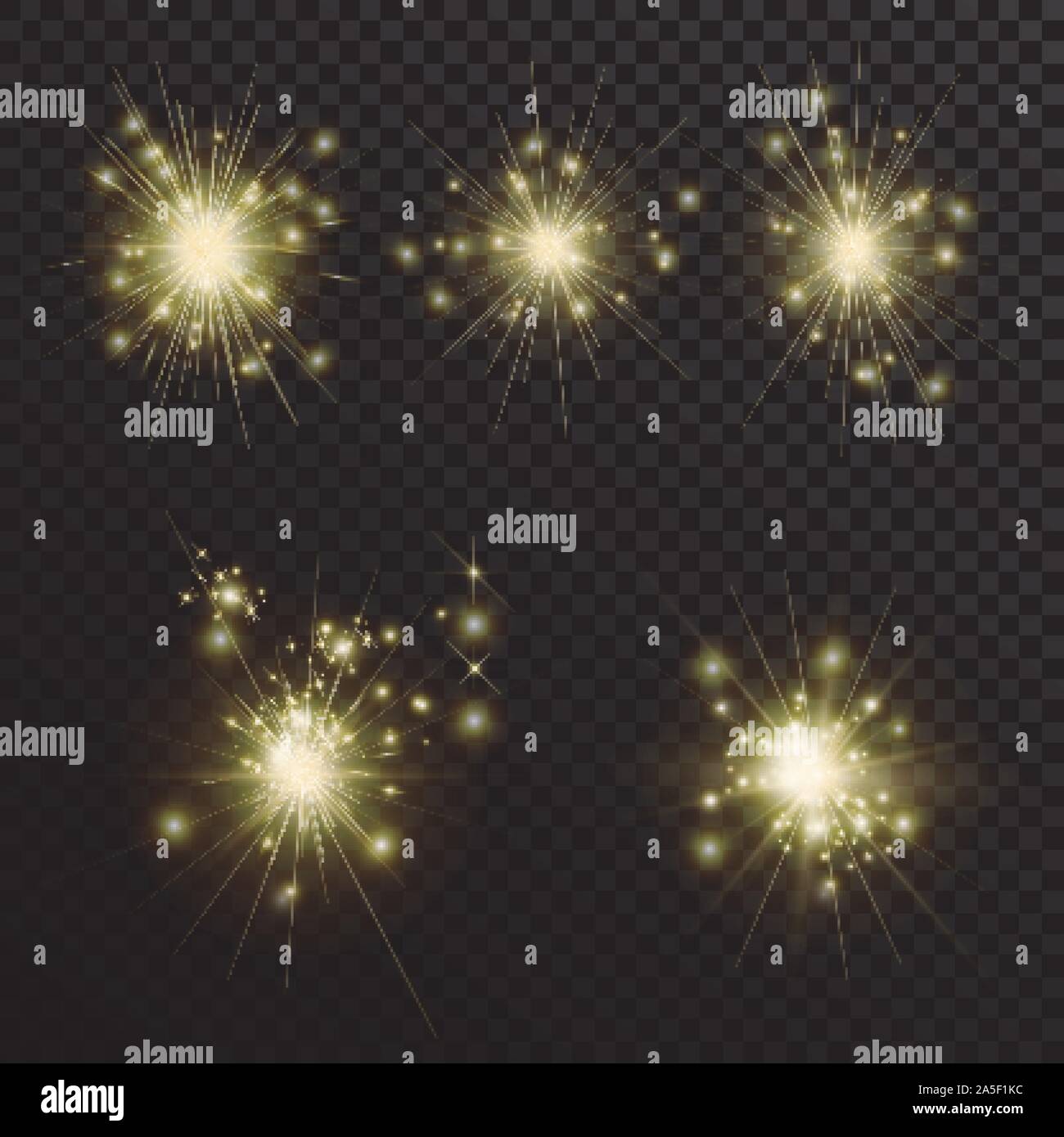 Set of golden flashes of light with sparks on a translucent background. Set of golden bright ...