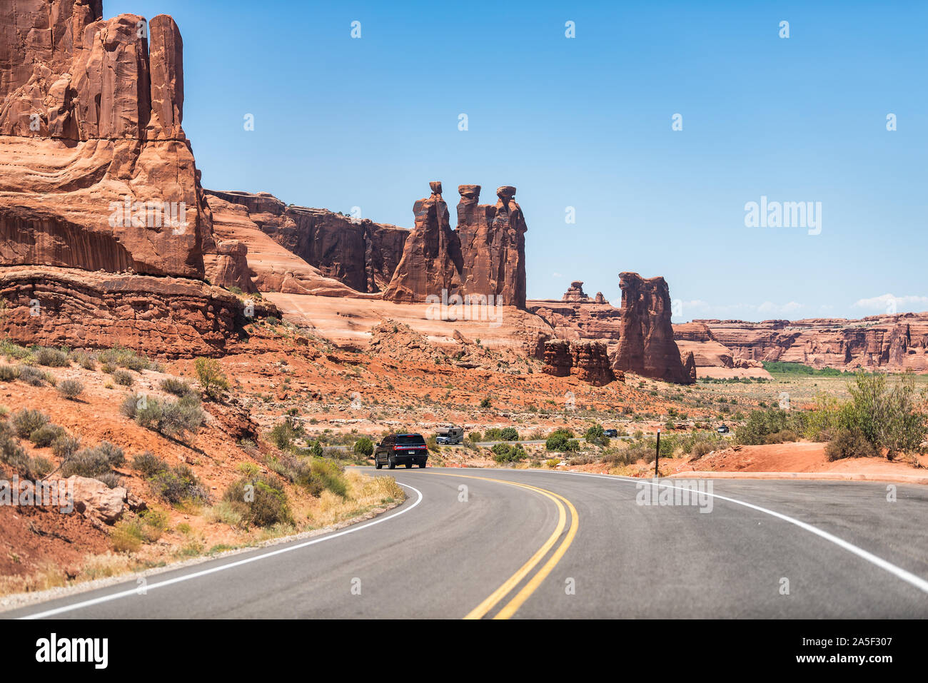 Moab, USA - August 13, 2019: Car on Utah scenic byway highway 191 ...
