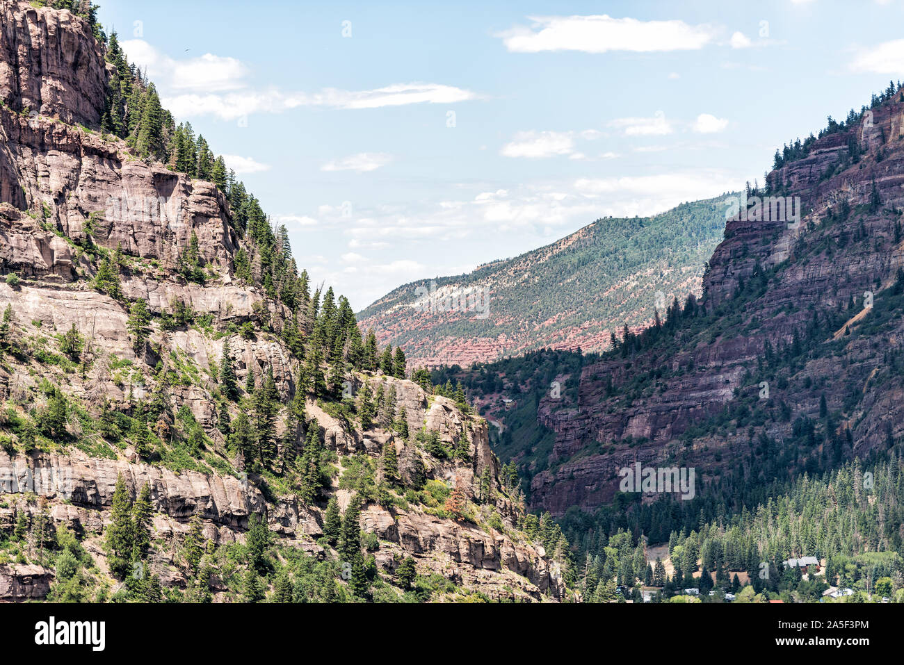 High angle view of canyon valley houses in small town of Ouray ...
