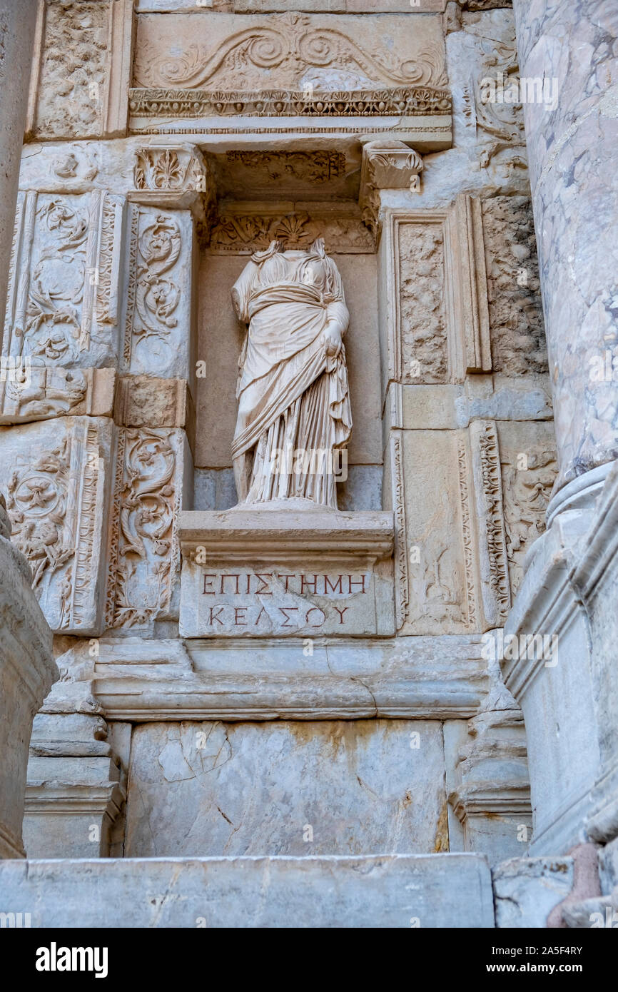 Statue of Knowledge on the exterior of the Celsus library in Ephesus ...
