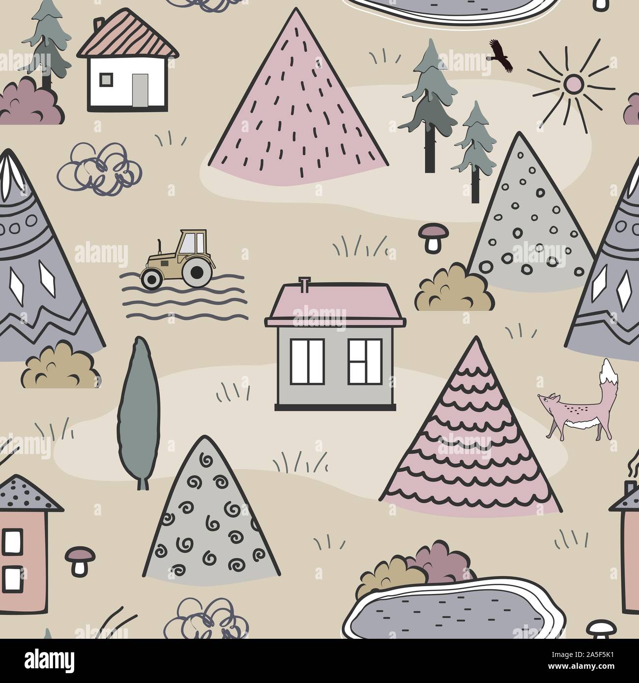 Cute doodle seamless pattern with cartoon houses, trees and mountains ...