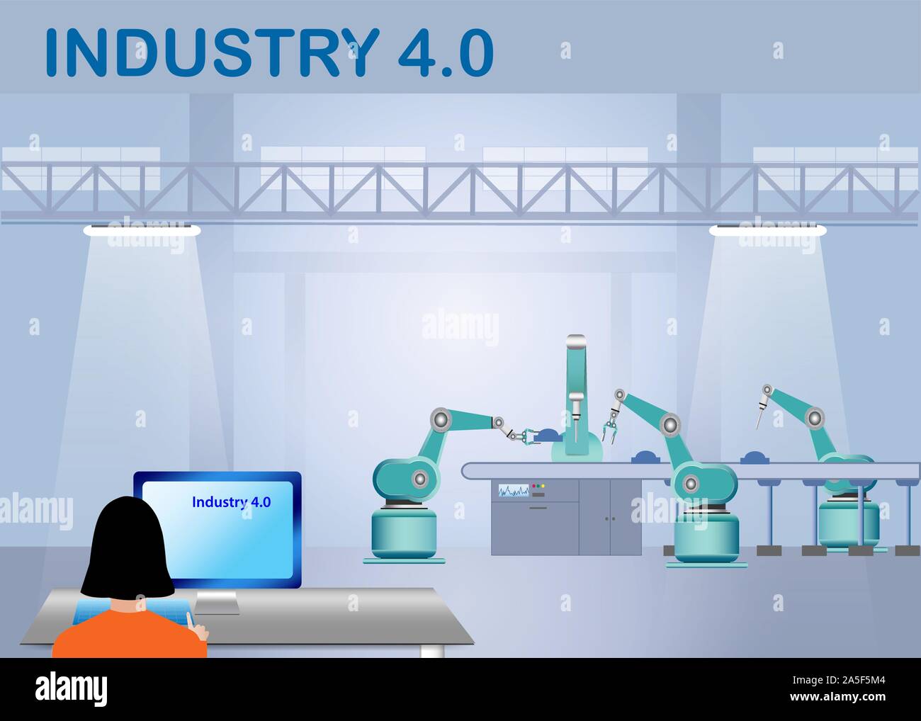 Industry 4.0 Smart factory control concept showing woman working on PC ...