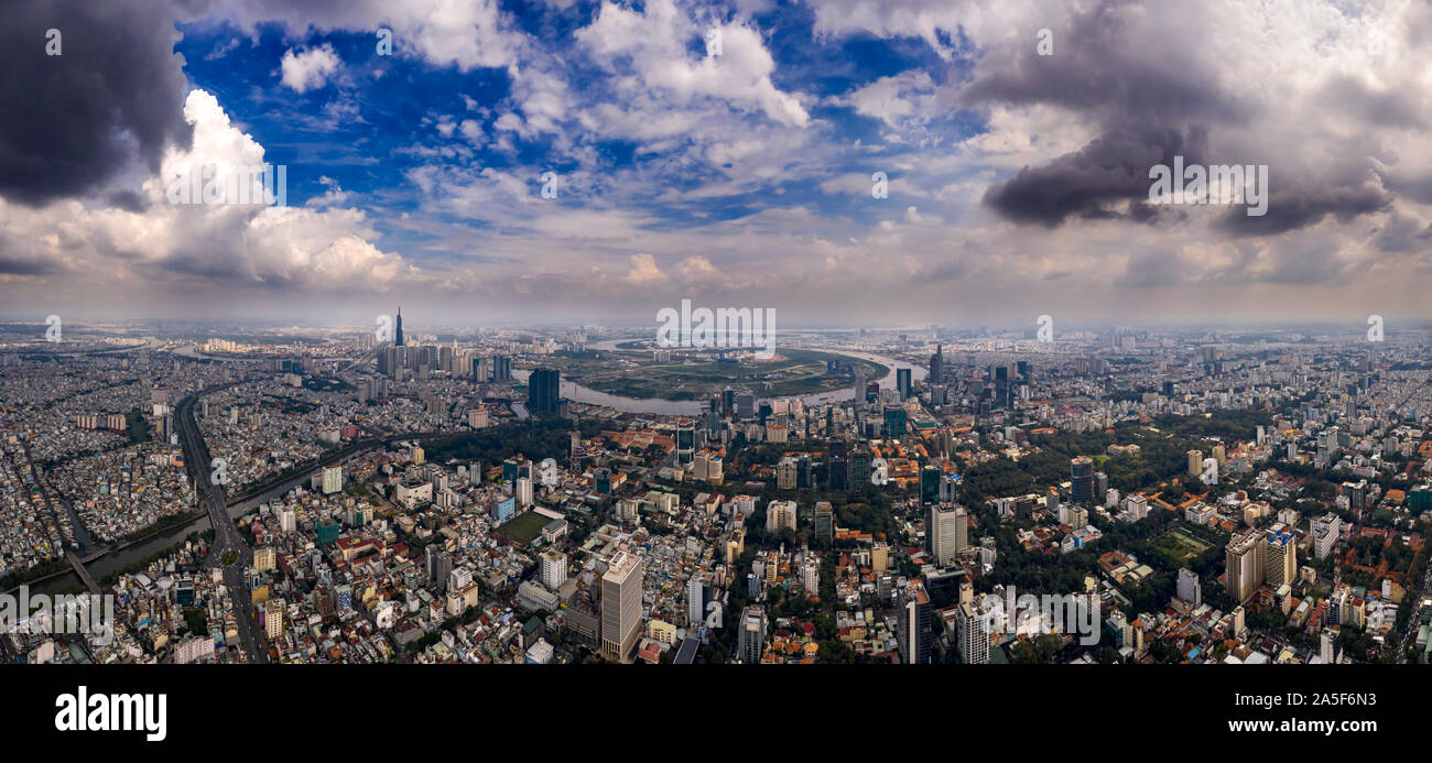 Panoramic aerial view of Ho Chi Minh City, Saigon featuring major areas ...