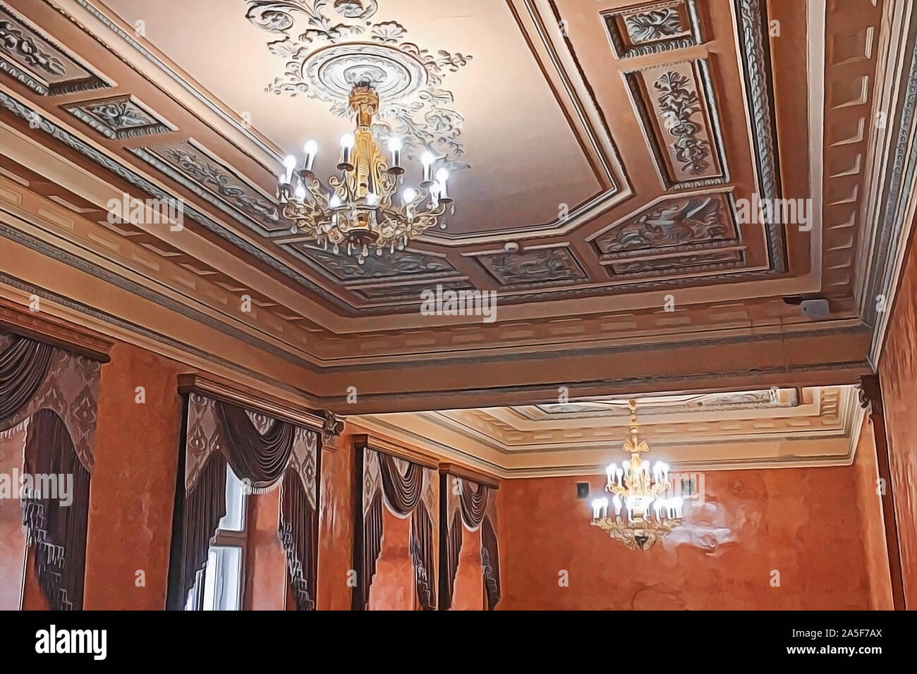 Part of vintage hall interior decoration design. Illustration in oil ...