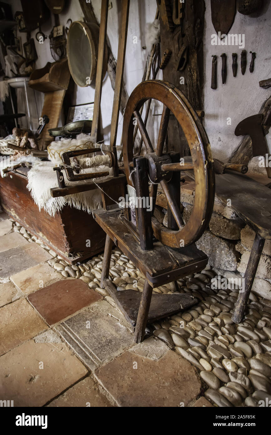 Old wooden spinner, detail of traditional art, sewing Stock Photo - Alamy