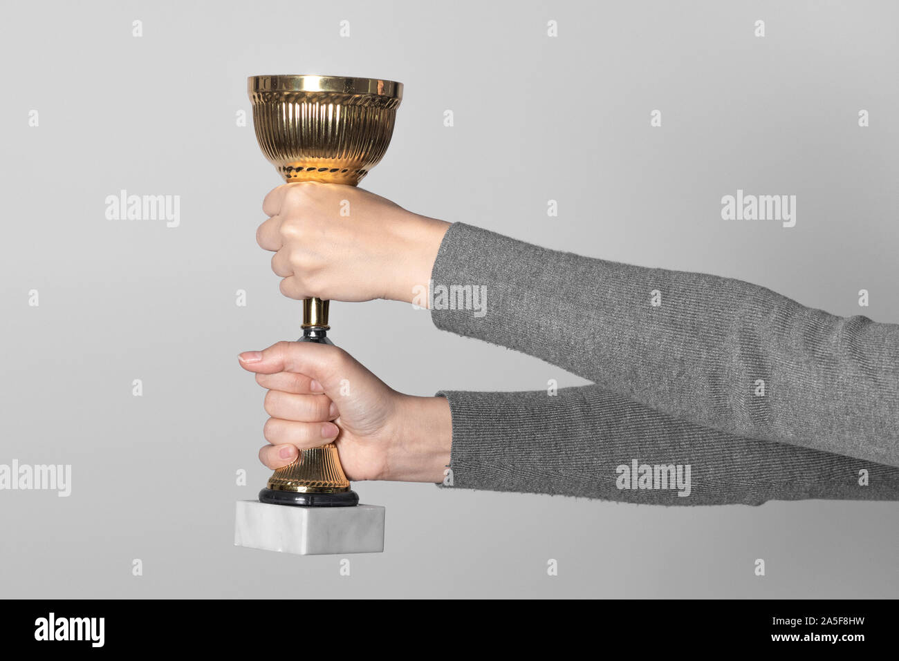 Golden award cup in winner hand isolated on gray background. Award ...