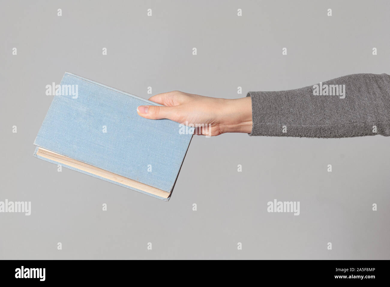 Hand holding a book isolated on gray background Stock Photo - Alamy