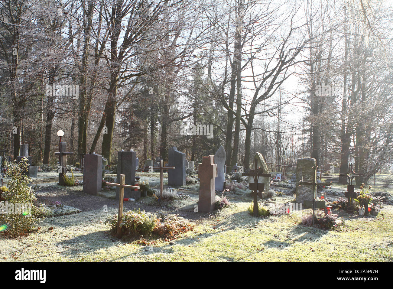 Sunrays glowing in graveyard during sunset Stock Photo - Alamy