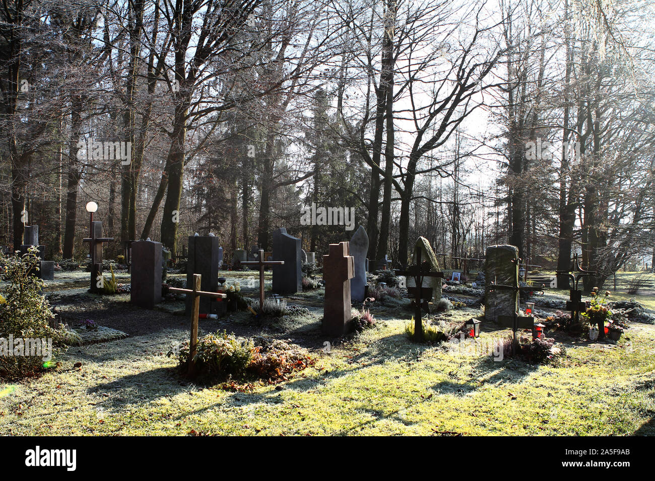 Sunrays glowing in graveyard during sunset Stock Photo - Alamy