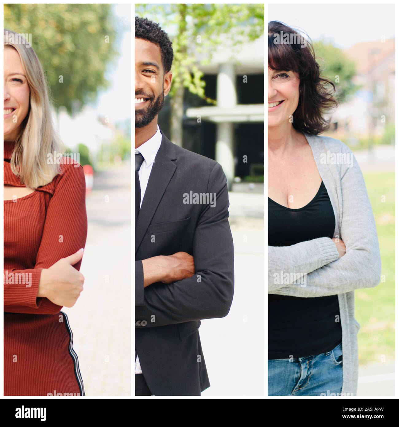 Group of beautiful commercial happy people outside Stock Photo - Alamy