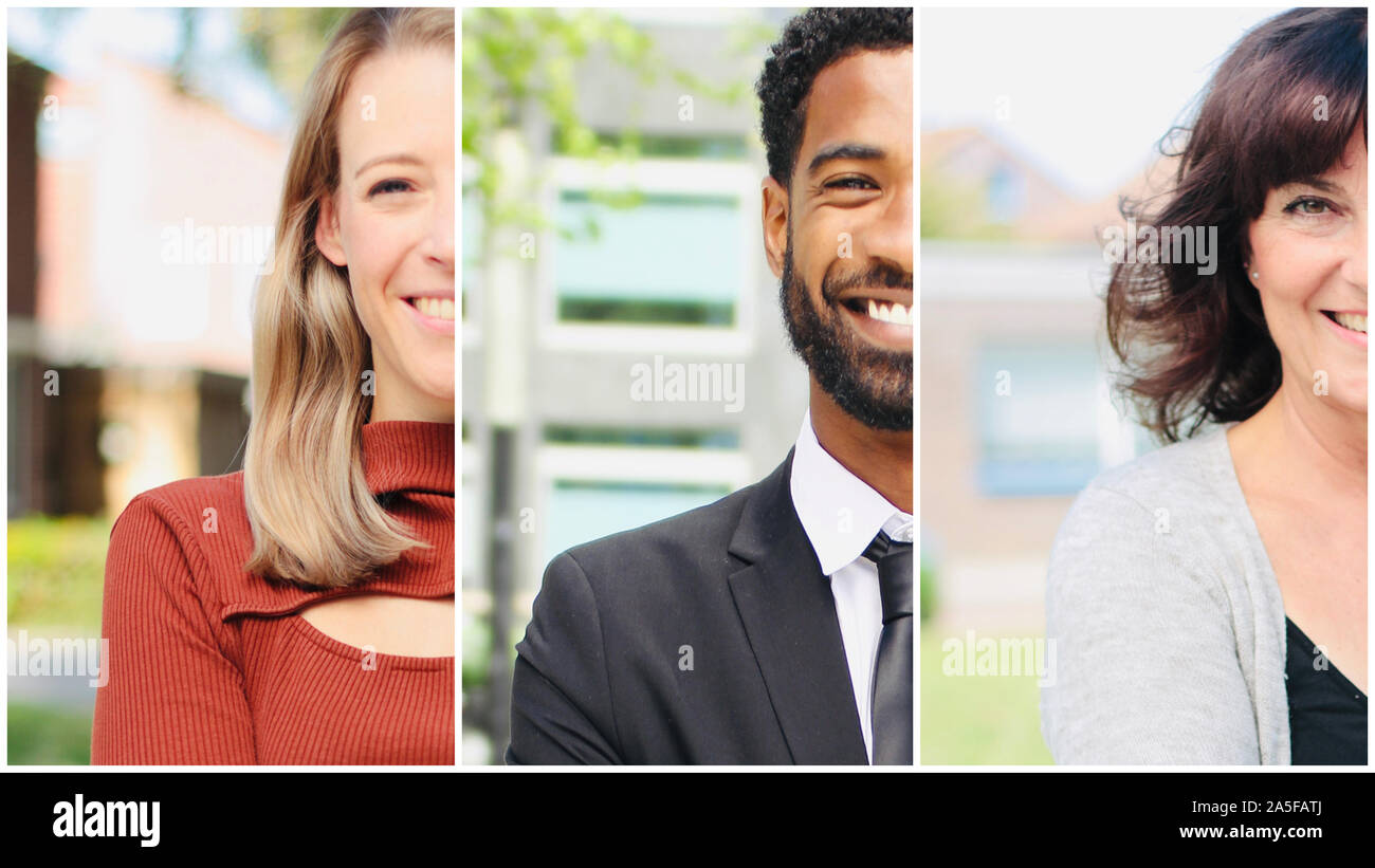 Group of beautiful commercial happy people outside Stock Photo - Alamy
