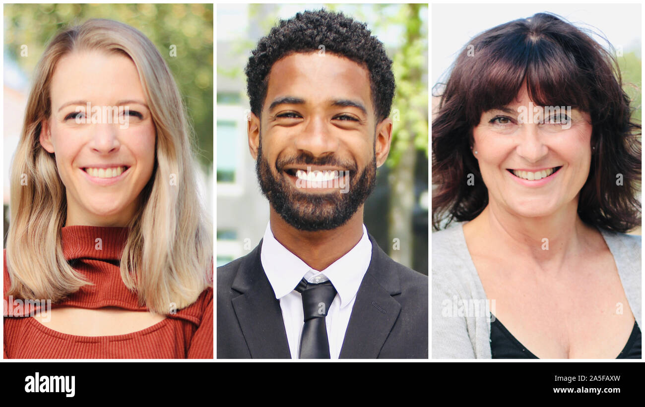 Group of beautiful commercial happy people outside Stock Photo - Alamy