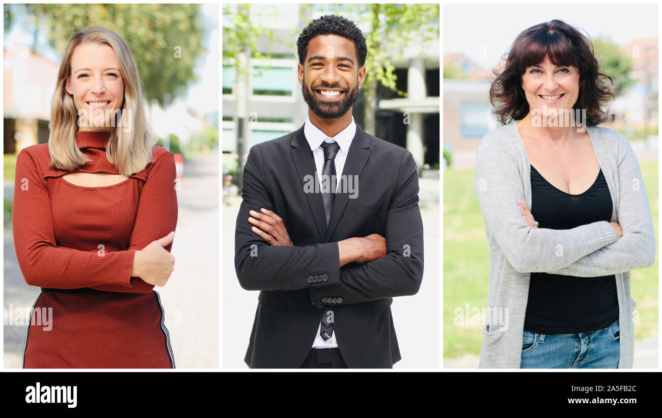 Group of beautiful commercial happy people outside Stock Photo - Alamy