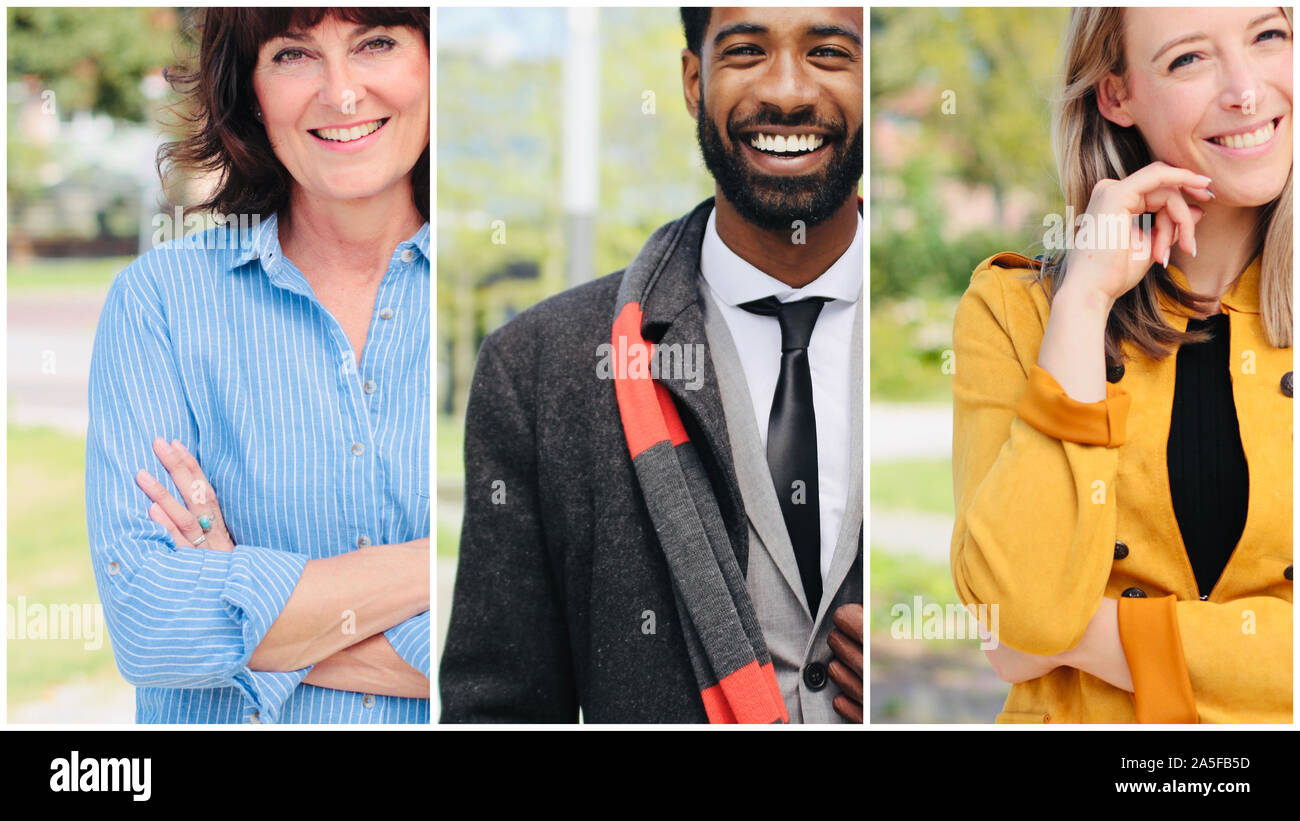 Group of beautiful commercial happy people outside Stock Photo - Alamy