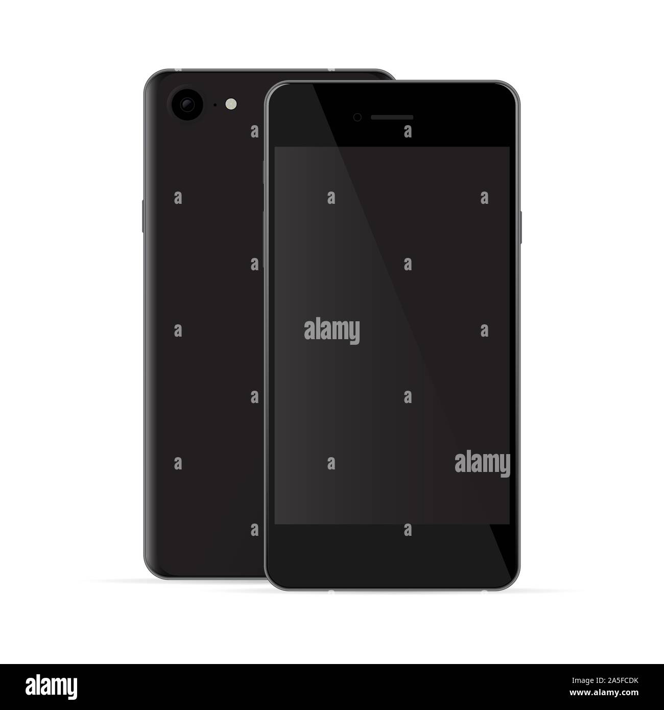 Realistic black phones with black screen, front and back view, isolated ...
