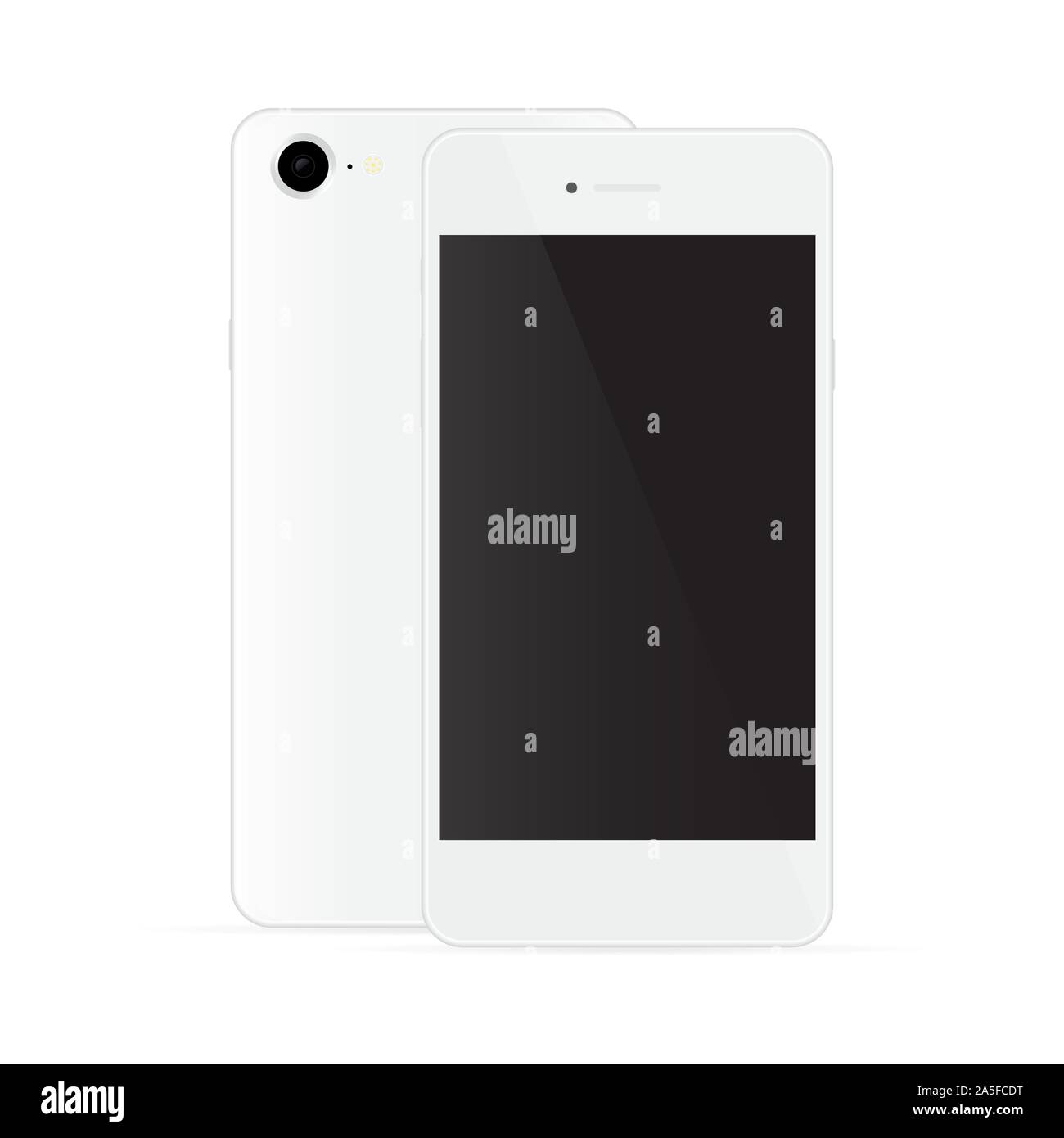 Realistic white phones with black screen, front and back view, isolated ...